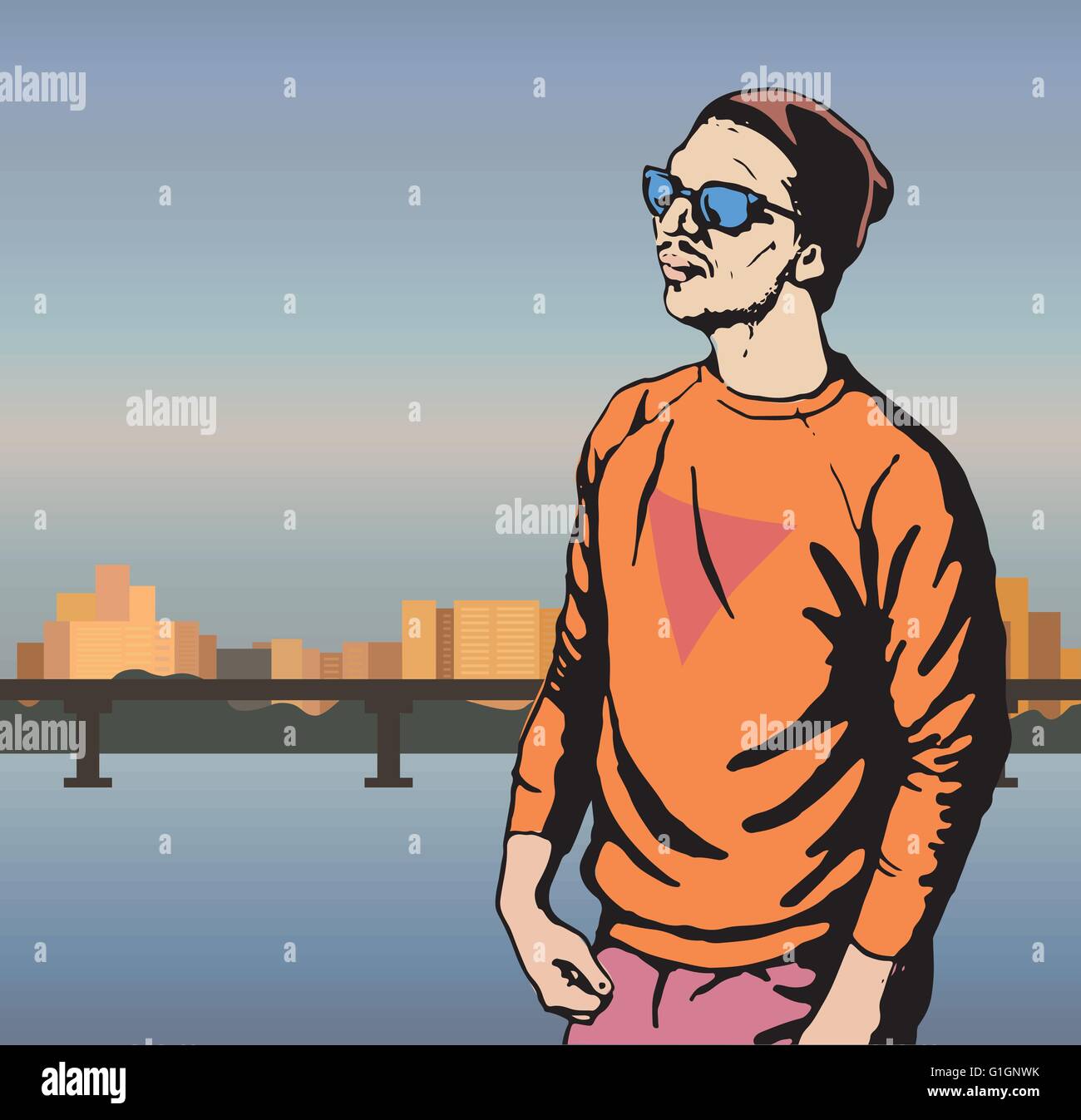 boy hipster character, vector illustration man on city background Stock ...