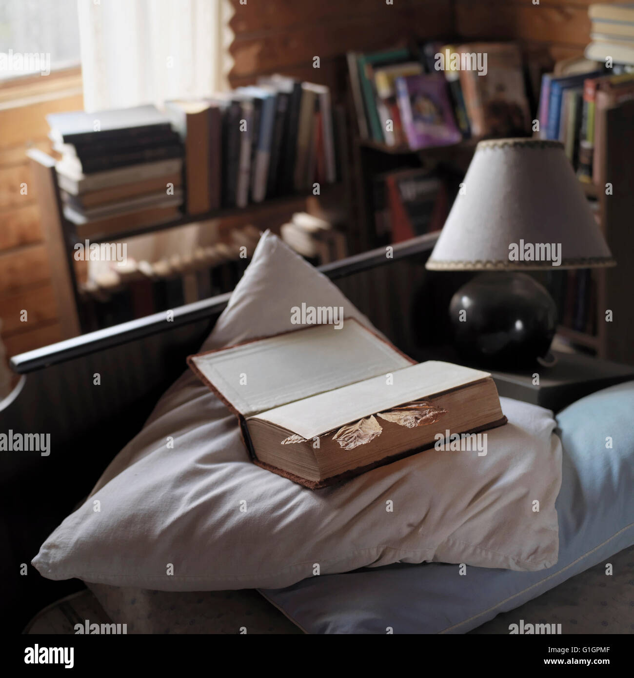 Open book laid on a heap of pillows on the unmade bed, bookshelves and ...
