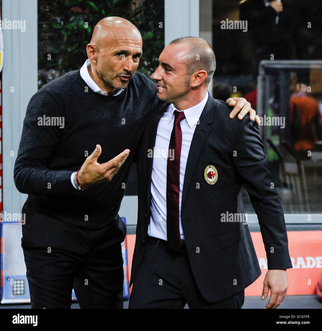 Milan, Italy. 14th May, 2016. Luciano Spalletti (left) and Cristian ...