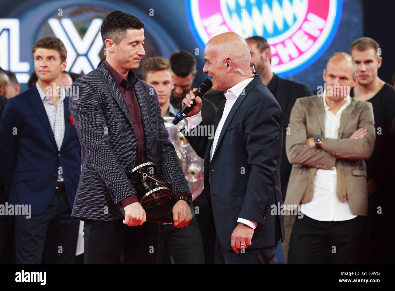 MUNICH, GERMANY - MAY 14: Robert Lewandowski holds his trophy for his ...