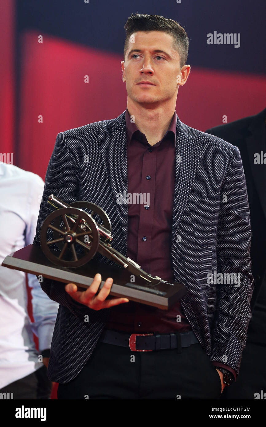 MUNICH, GERMANY - MAY 14: Robert Lewandowski holds his trophy for his ...