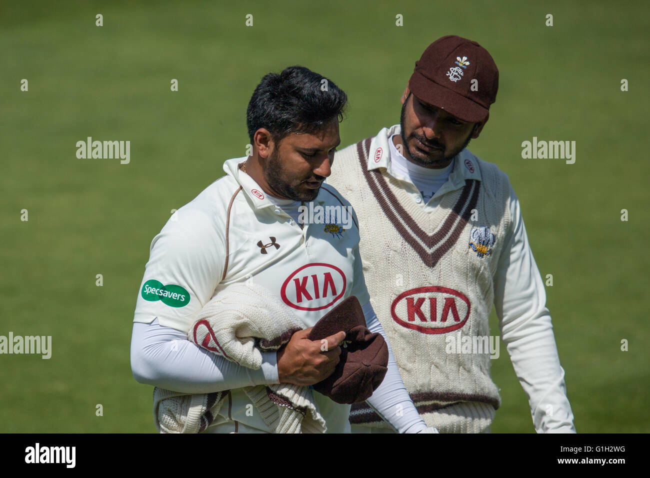 London, UK. 15 May 2016. Injured Ravi Rampaul leaves the field part way ...