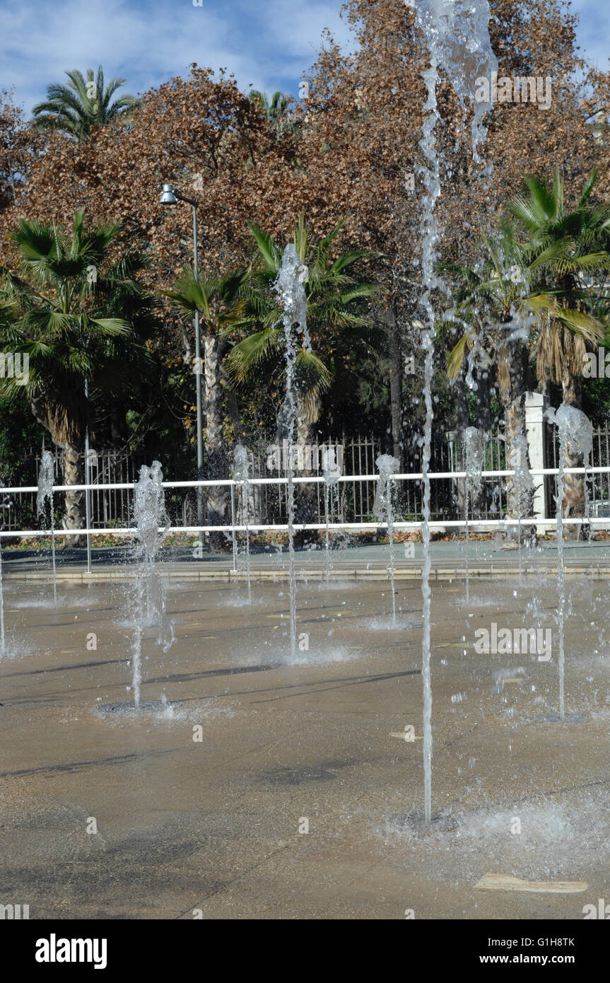 Water fountains on the marina in Malaga - Spain Stock Photo - Alamy
