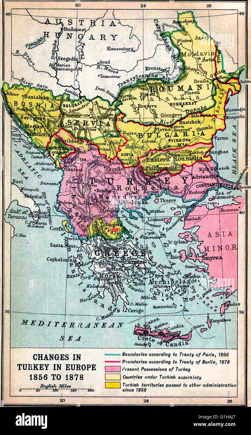 Map of the Borders in the Balkan peninsula after the Treaty of Berlin ...