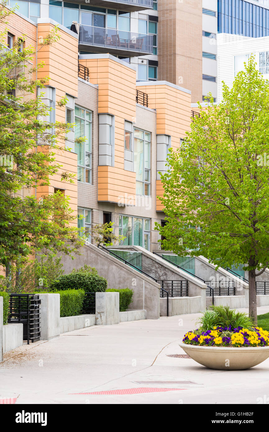 Row of contemporary townhomes at the Riverfront development in Denver ...