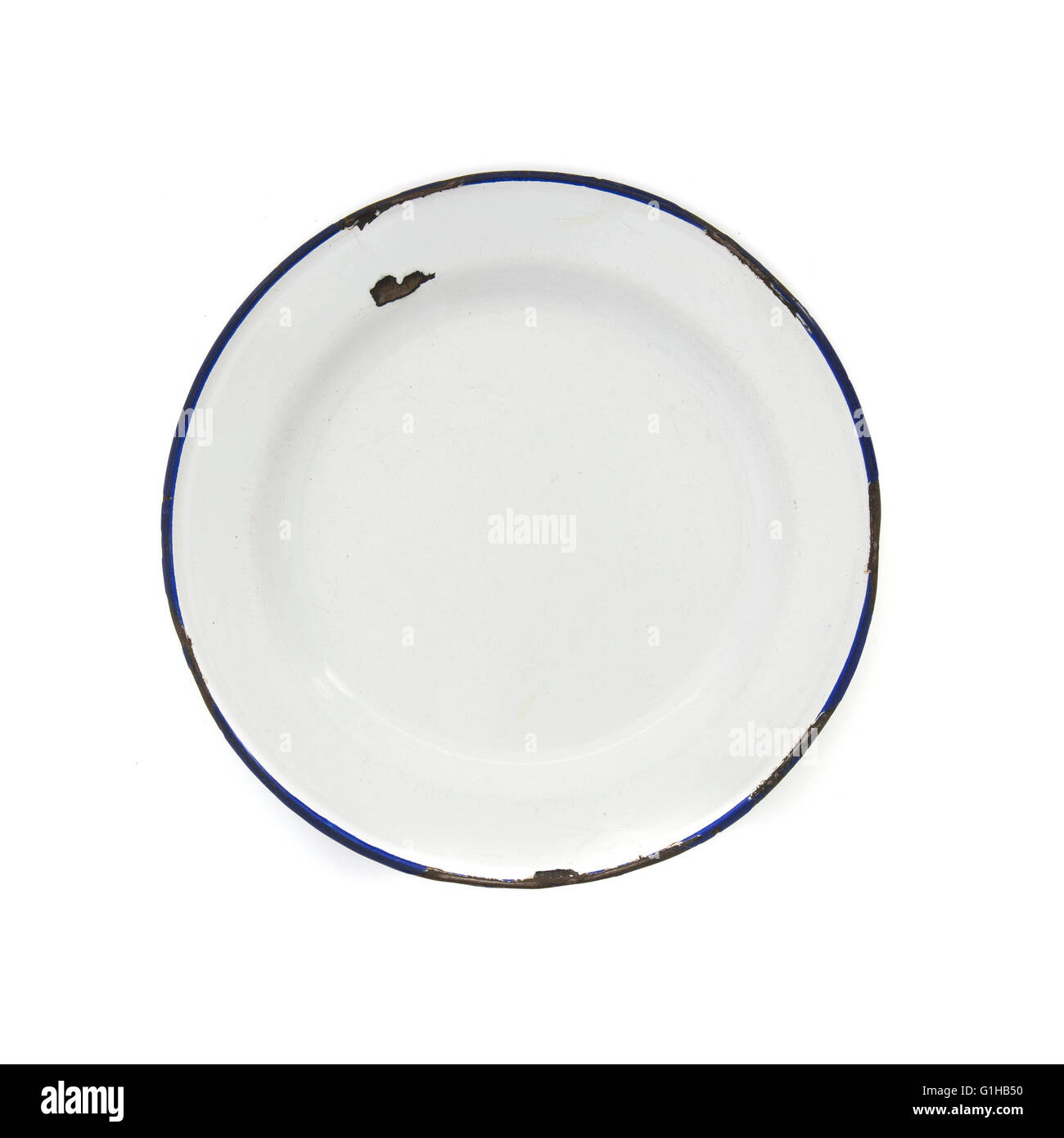 Overhead View of an old enamel plate on a white background Stock Photo ...