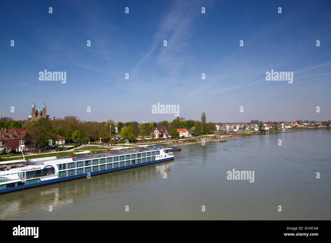 View of the Rhine and the medieval romanic Cathedral at Speyer Germany ...