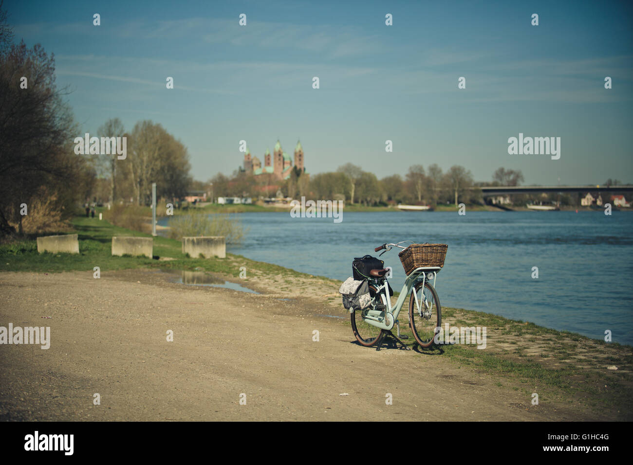 Retro Bike standing in Front of the View of the medieval romanic ...