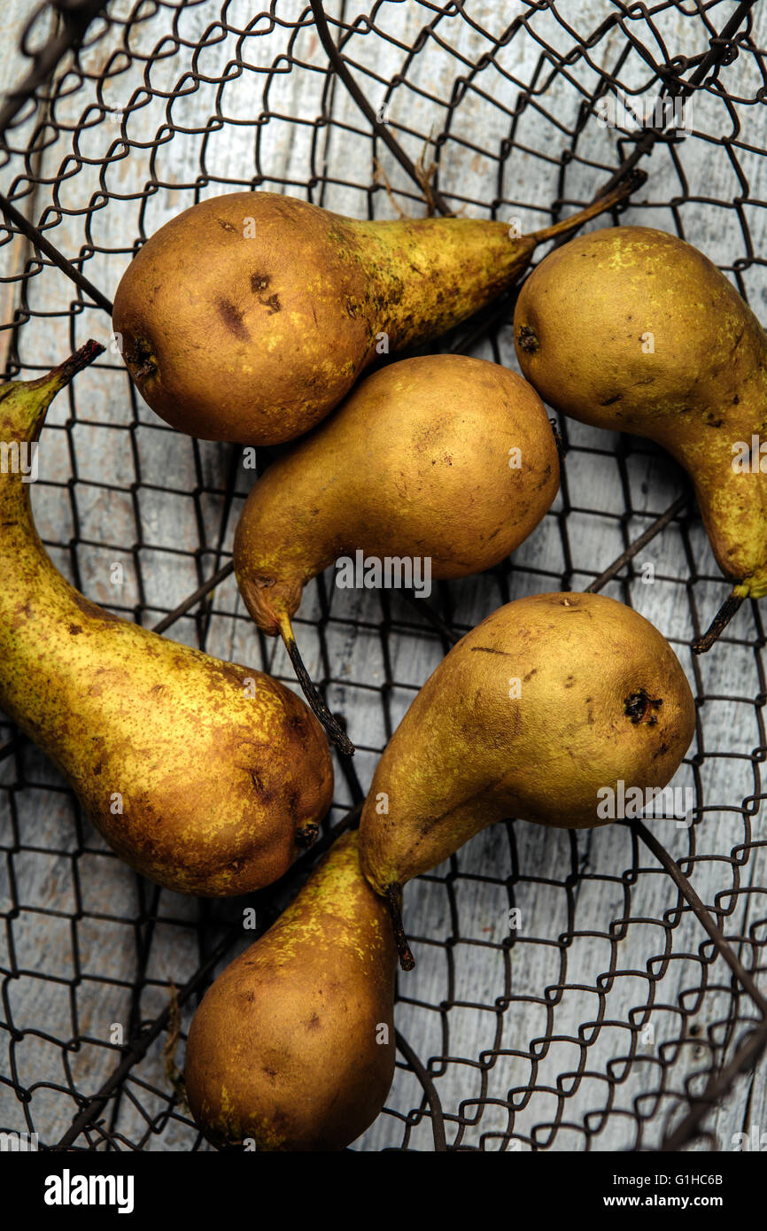 Ripe small Pears in small metal basket Stock Photo - Alamy