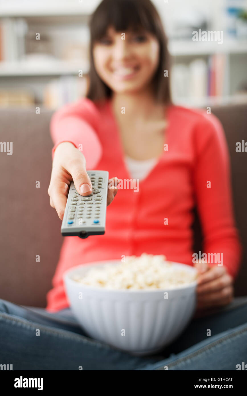 Tv remote control woman hi-res stock photography and images - Alamy