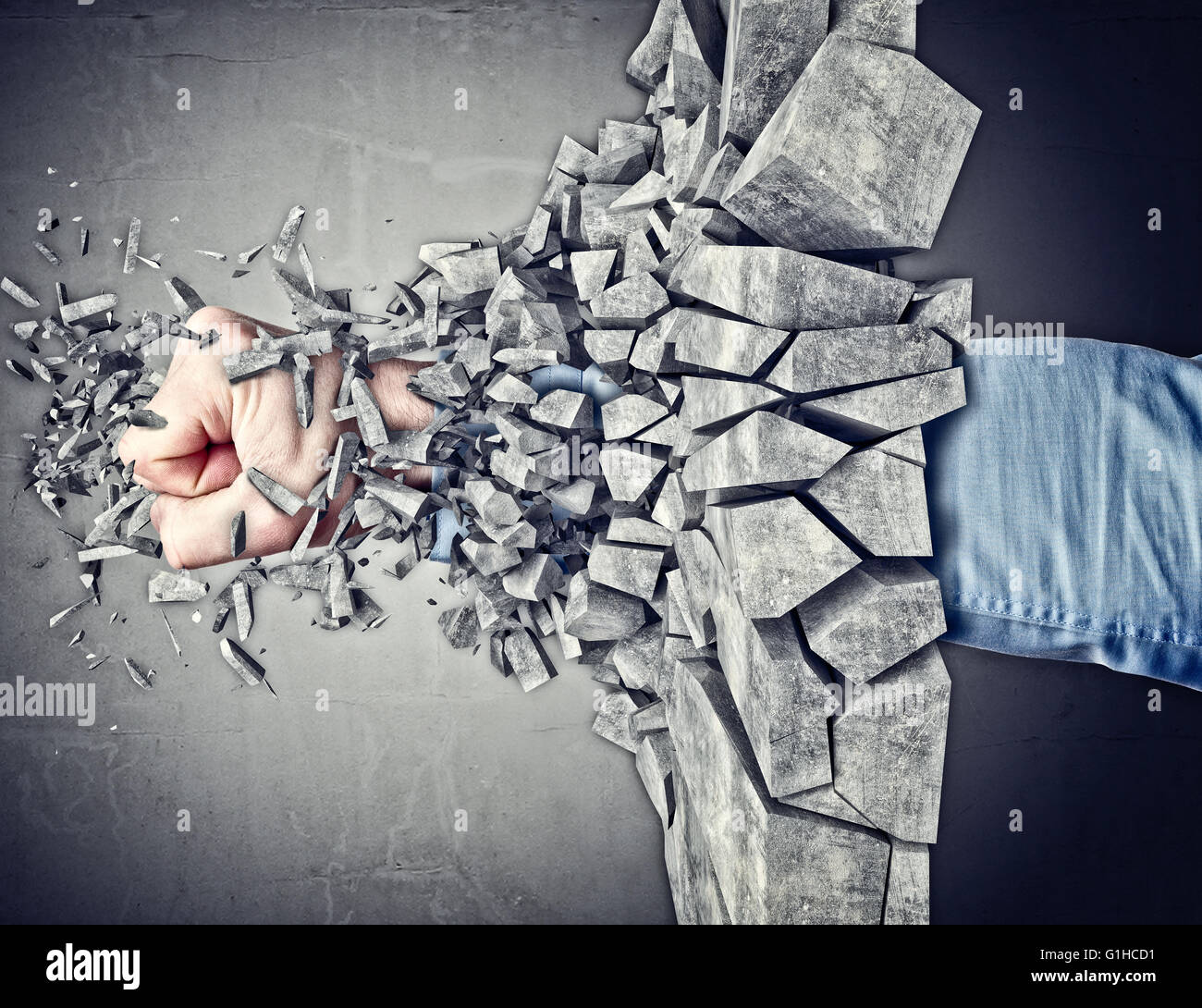 punch destroy 3d concrete wall Stock Photo - Alamy