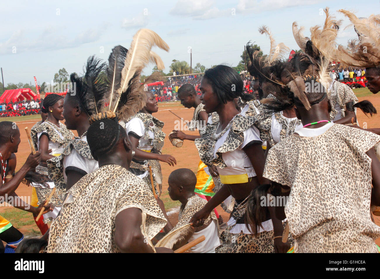 Traditional dancers entertain guests in Kampala, Uganda. Music and ...