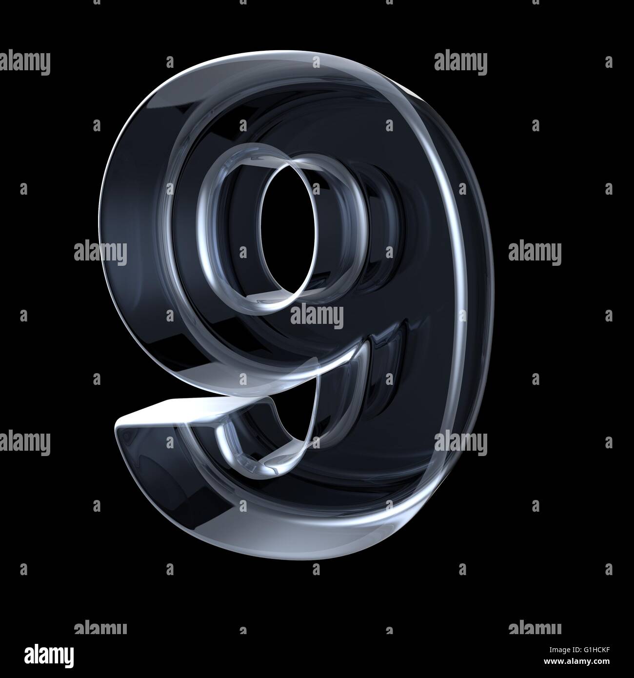 Transparent x-ray number 9 NINE. 3D render illustration on black ...