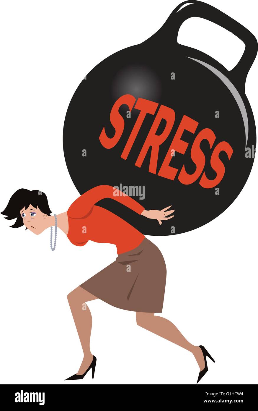 Depressed woman carrying a heavy load of stress in a form of a huge ...
