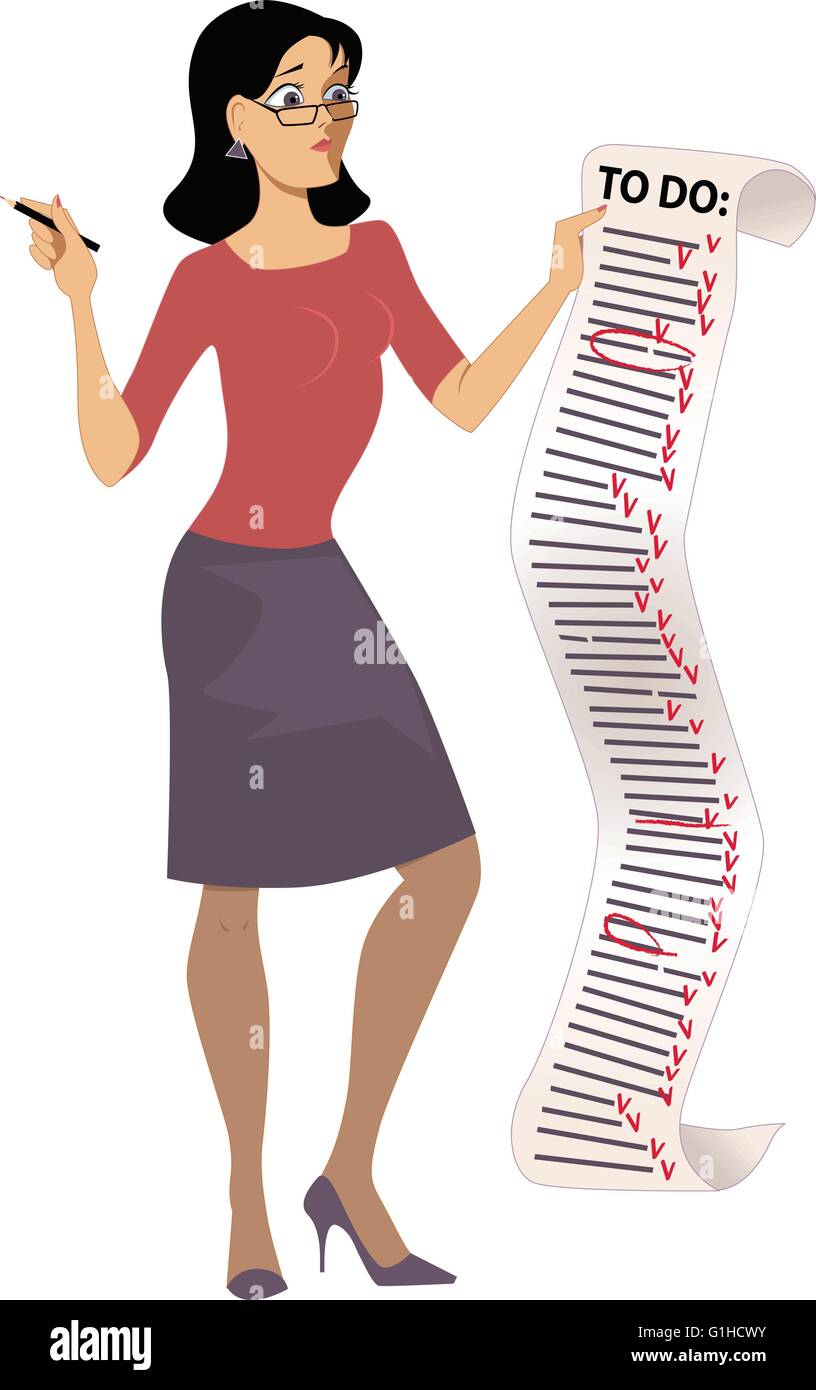 Stressed woman holding a long to-do list, vector illustration isolated ...