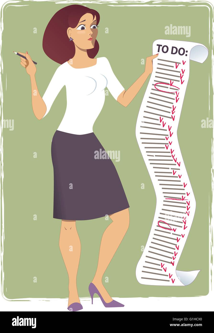 Stressed woman holding a long to-do list Stock Vector Image & Art - Alamy