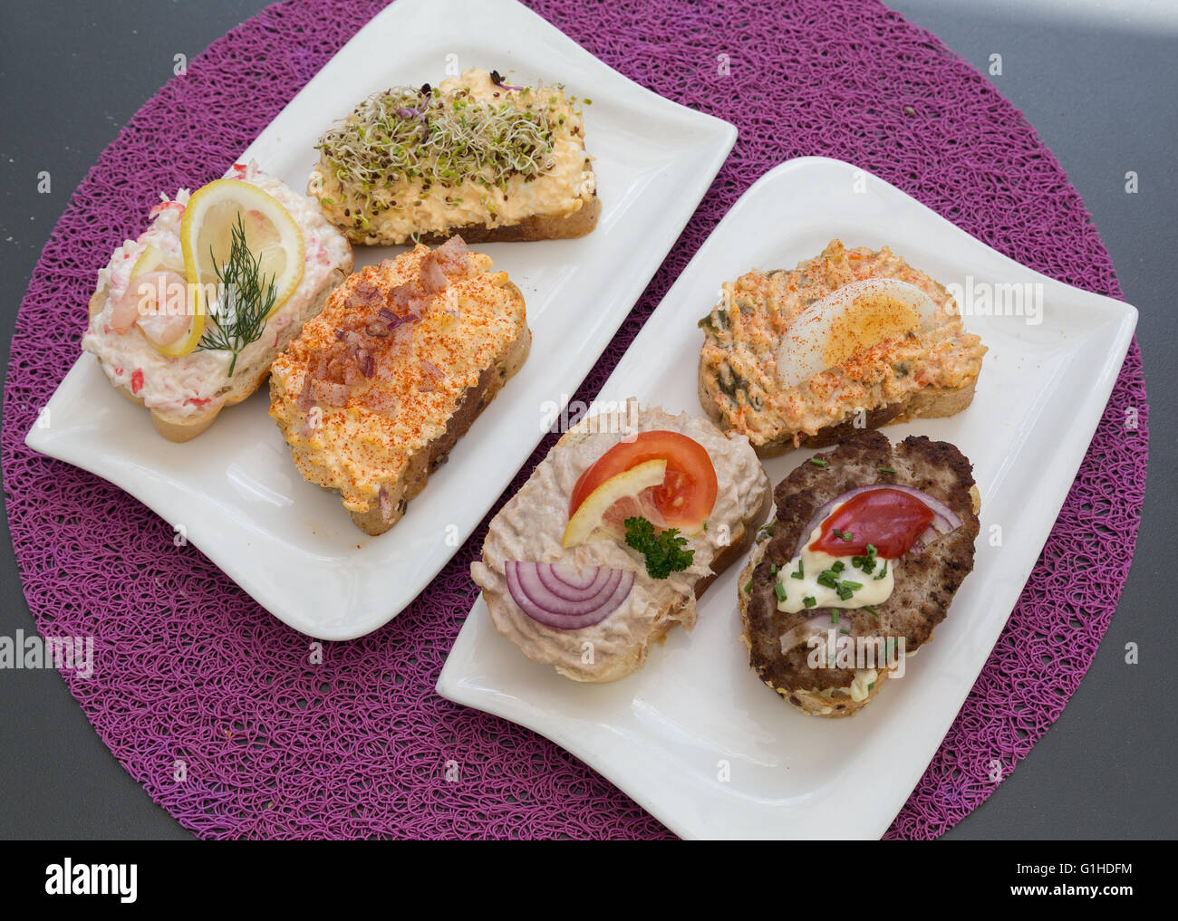 Selection of Open Sandwiches in Austria. Toppings including tuna, fish ...