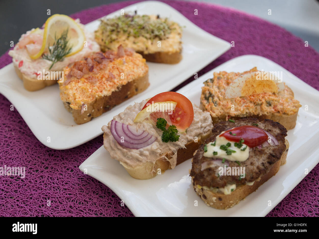 Selection of Open Sandwiches in Austria. Toppings including tuna, fish ...