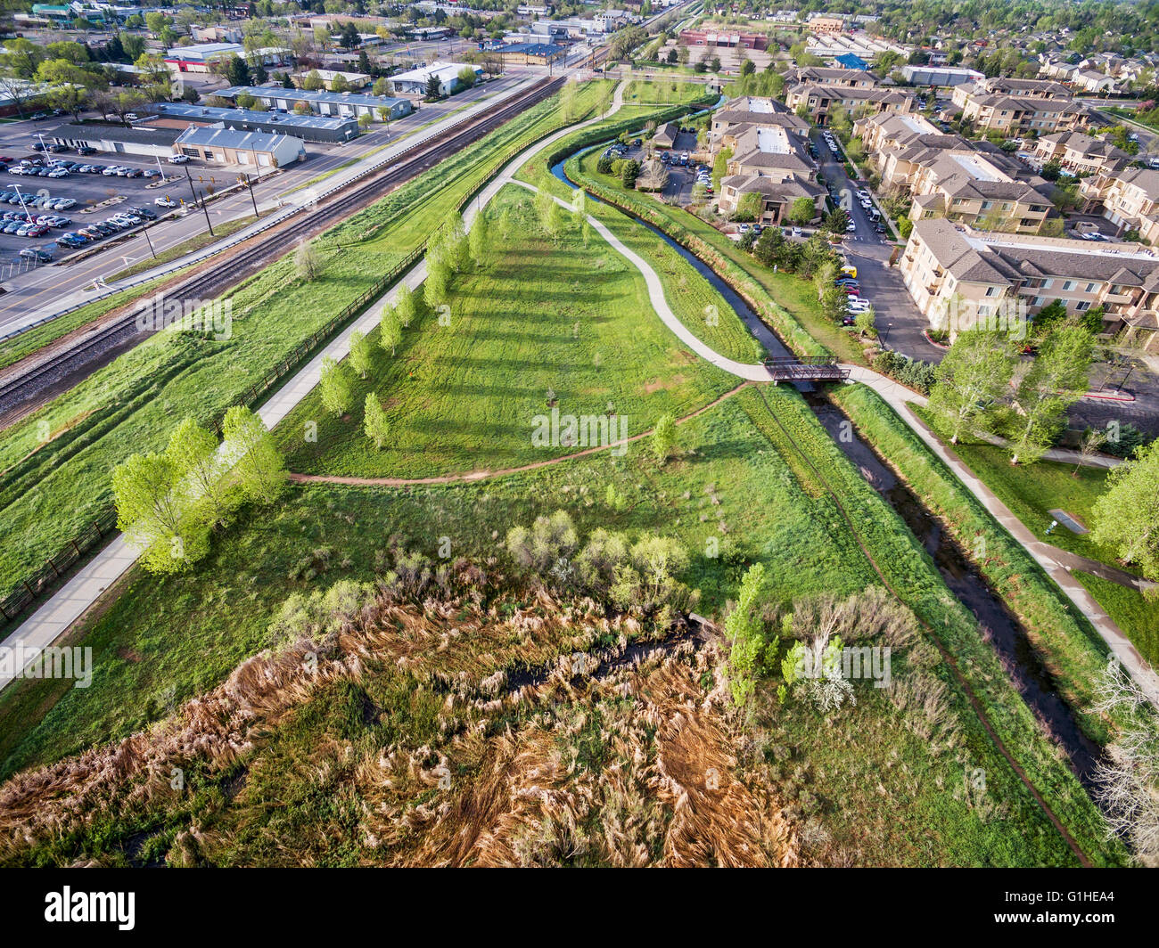 aerial view of bike trails and green areas in Fort Collins, Colorado ...
