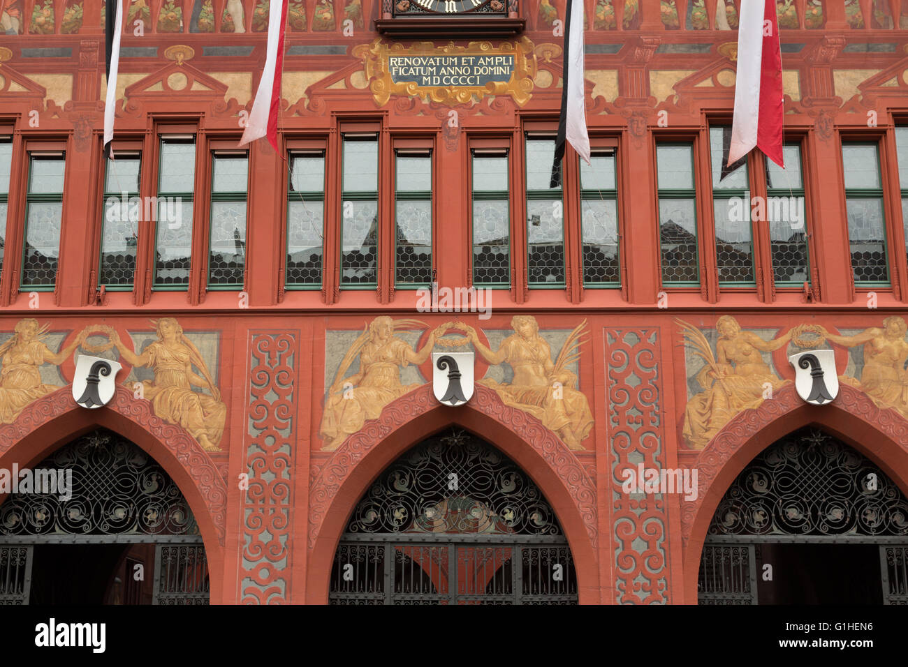 A close up photograph of the Basel Town Hall (Rathaus) in Basel ...