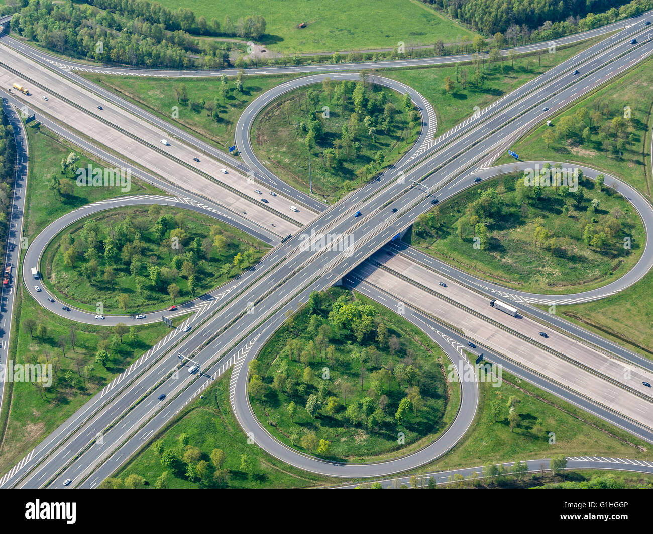 Motorway junction, A7 and A37, clover shape, north of Hannover, Germany ...