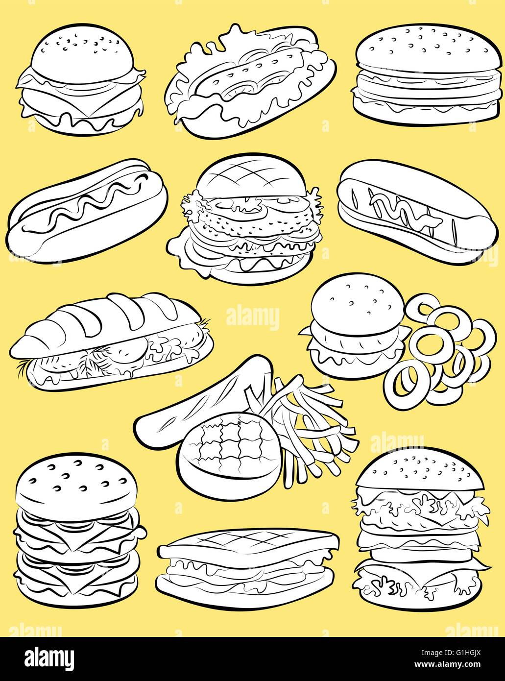 vector illustration of fast food collection in line art mode on yellow ...