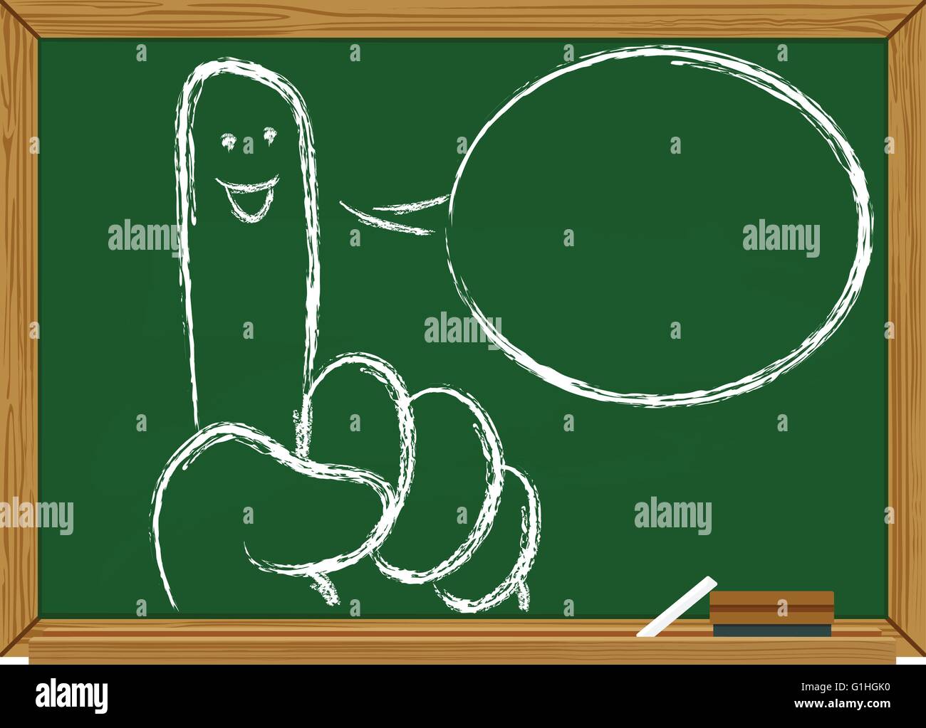 vector illustration of a index finger on chalkboard with speech bubble ...