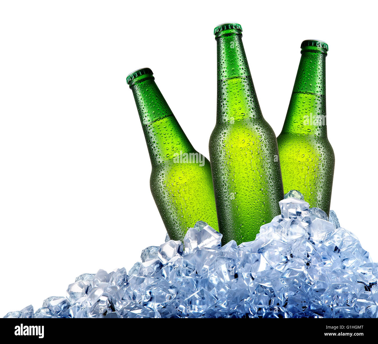 Green bottles of beer in ice isolated on white Stock Photo - Alamy