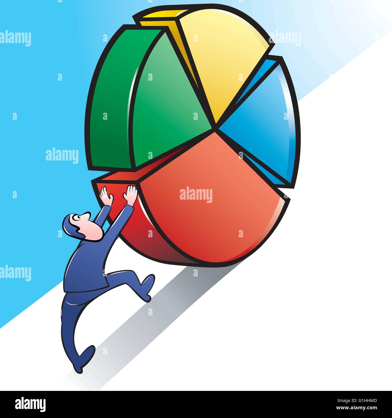 Vector illustration of a Businessman pushing upward a Giant Pie Chart ...