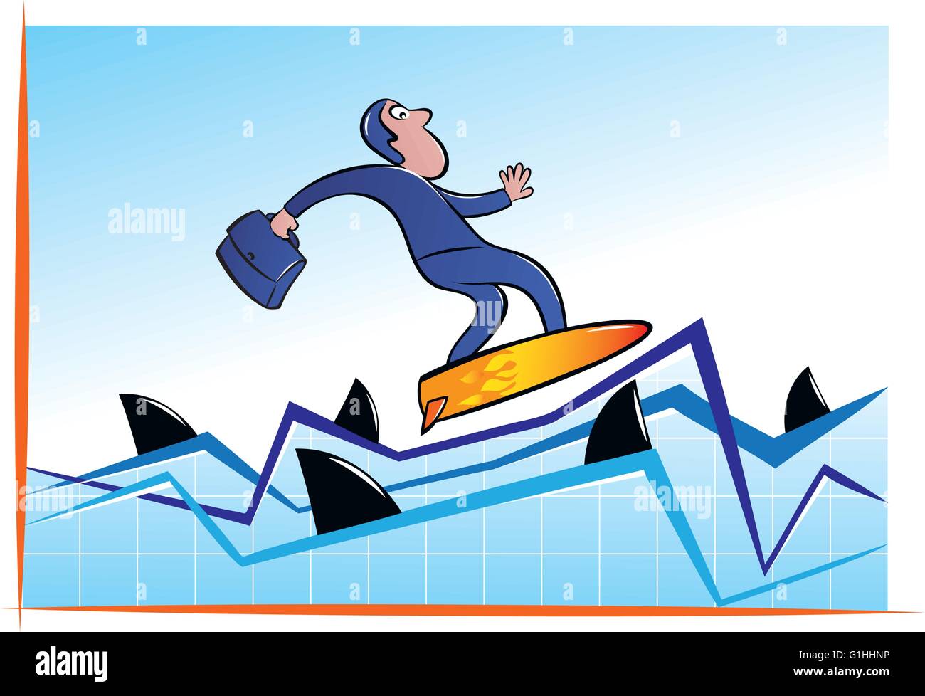 vector illustration of businessman surfing on wave with sharks Stock ...