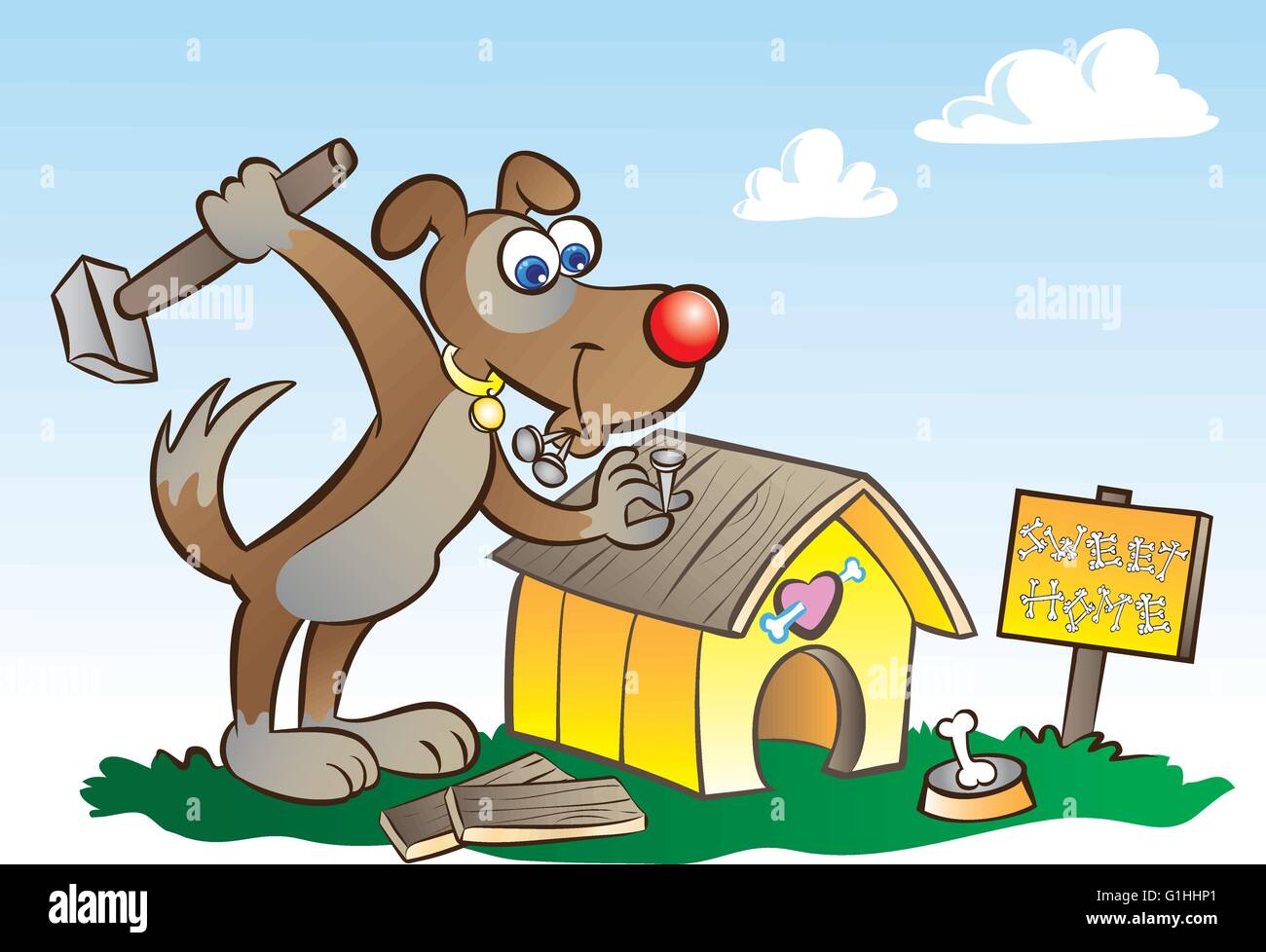 vector illustration of a dog building his own kennel Stock Vector Image ...