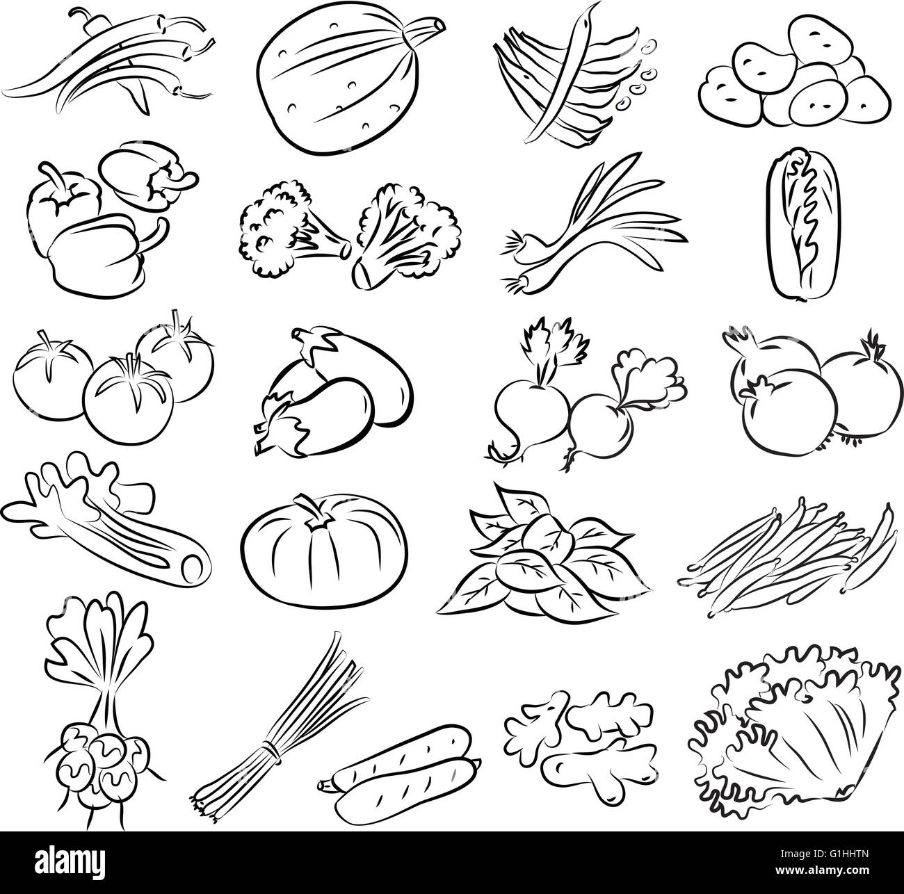 vector illustration of vegetables collection in line art mode Stock ...