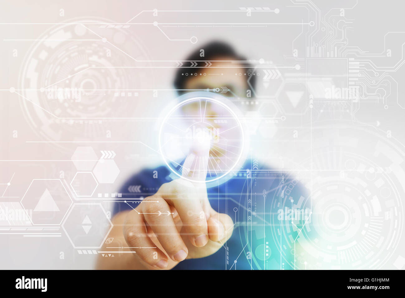 Asian Man Pressing High Tech Virtual Screen Stock Photo - Alamy