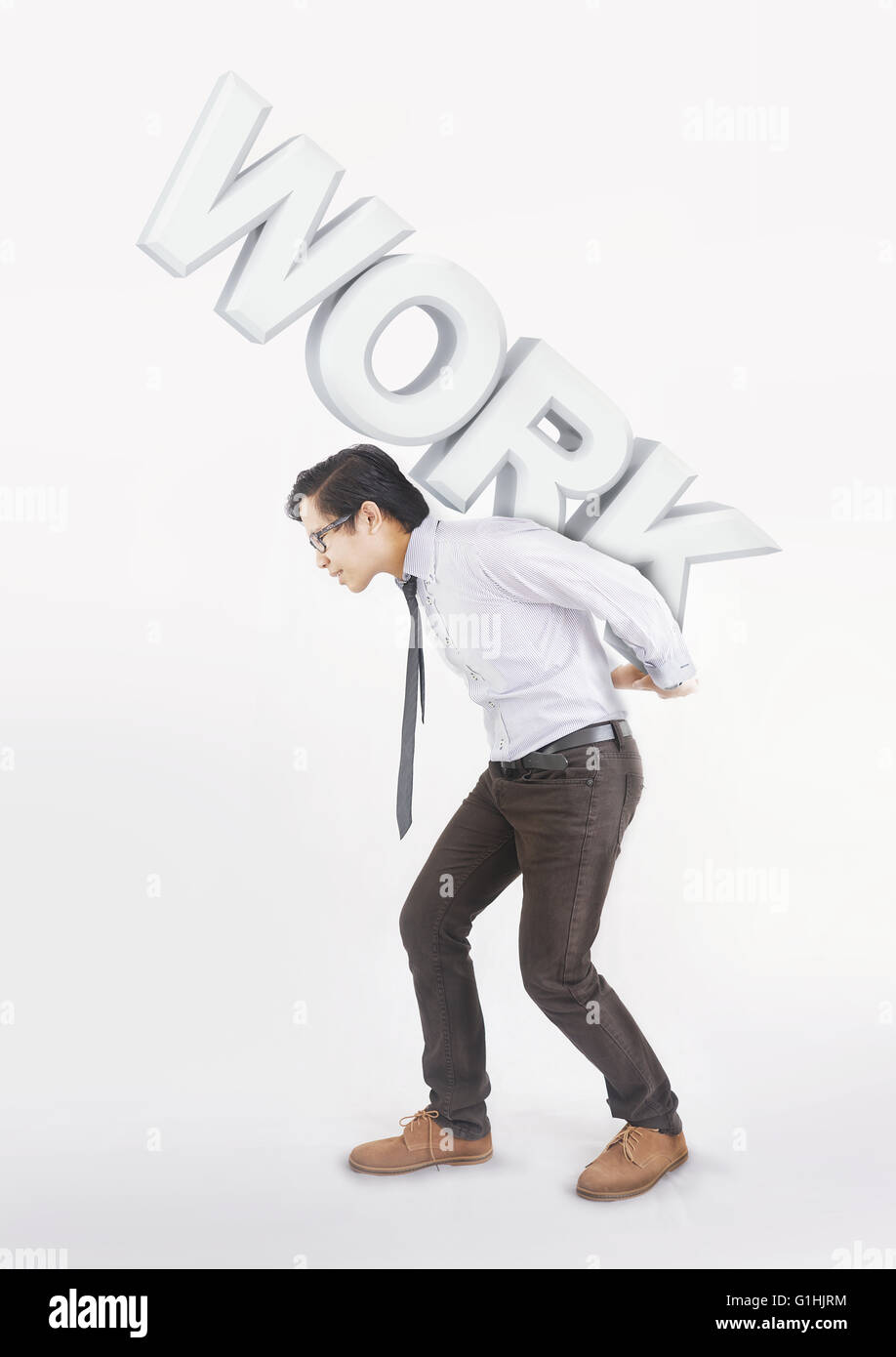Stressed Asian Man Carrying on His Back Shoulders Large Text Work Stock ...