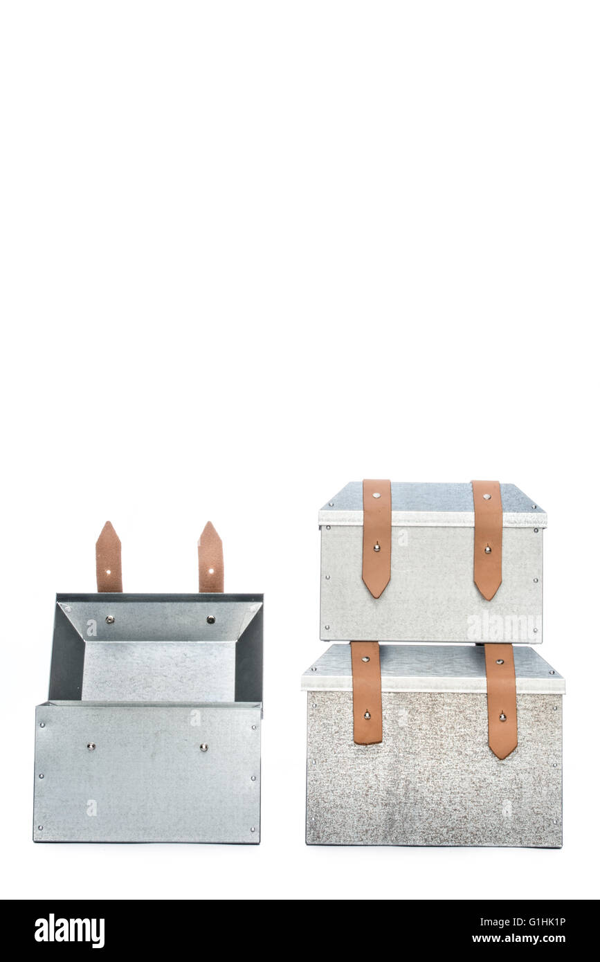 three metal tool box on White Background, Studio Shot Stock Photo - Alamy