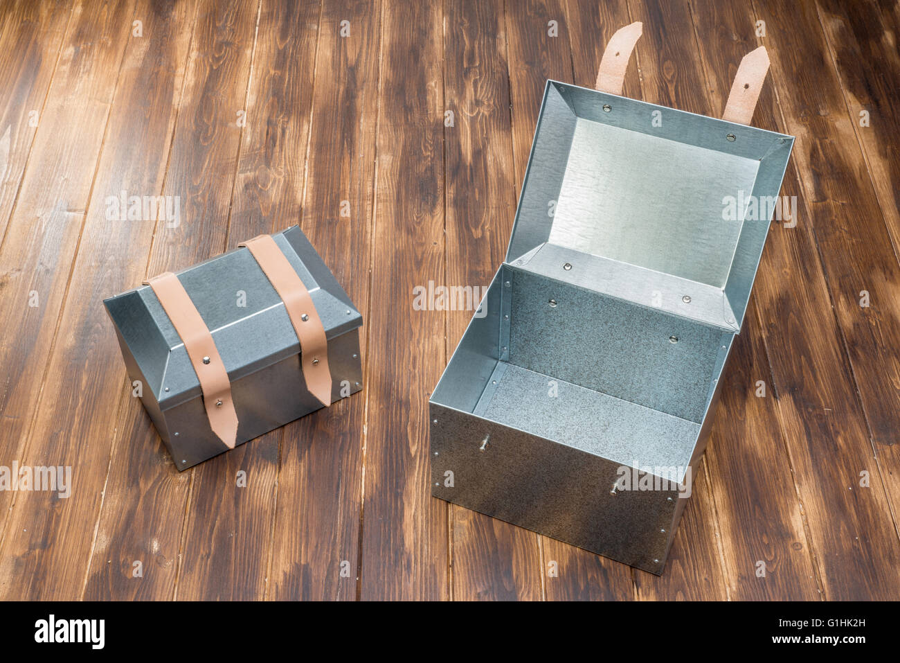 two metal tool box on wooden table, Studio Shot Stock Photo - Alamy