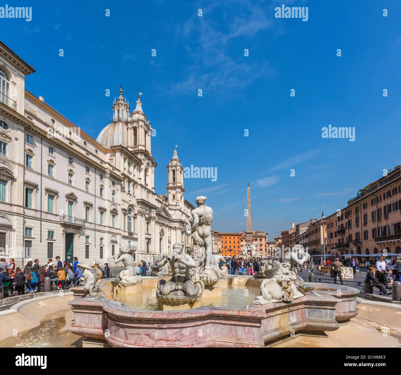 Rome, Italy. Piazza Navona. Looking north, over the Fontana del Moro ...