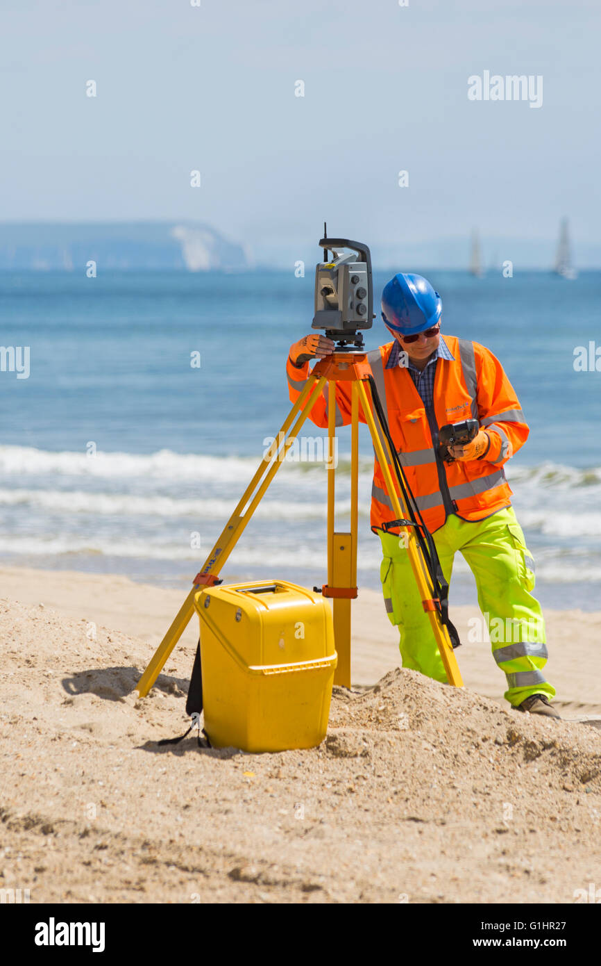 Trimble equipment set up on Bournemouth beach following landslide in ...
