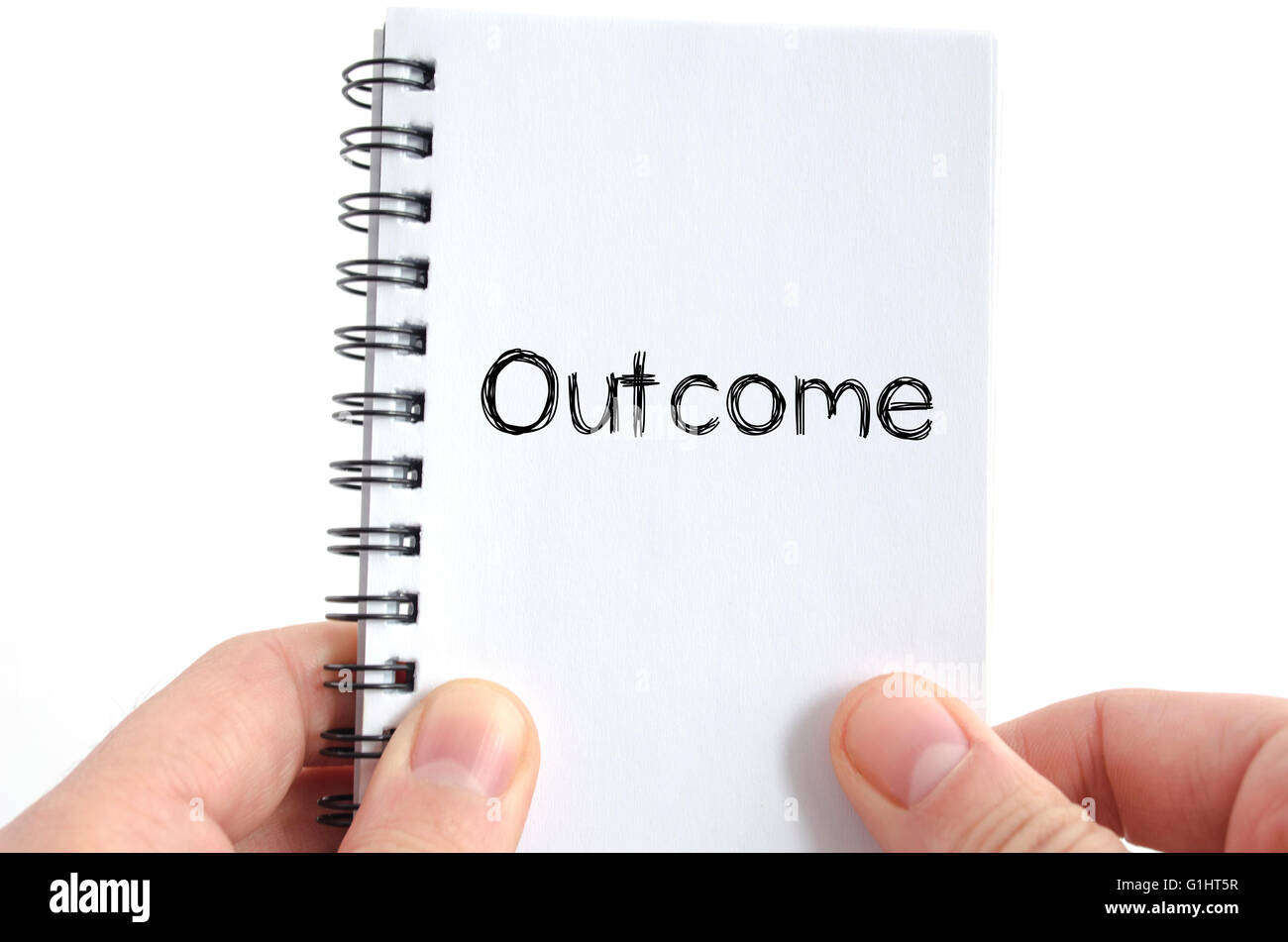 Outcome text concept isolated over white background Stock Photo - Alamy