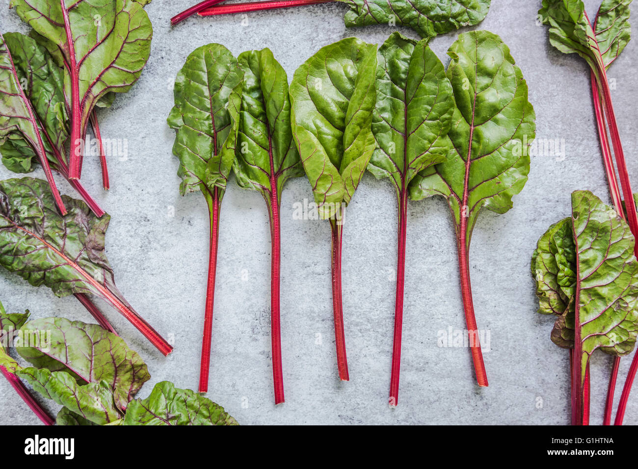 Vibrant red steams of spring chard, flat lay on marble background Stock ...