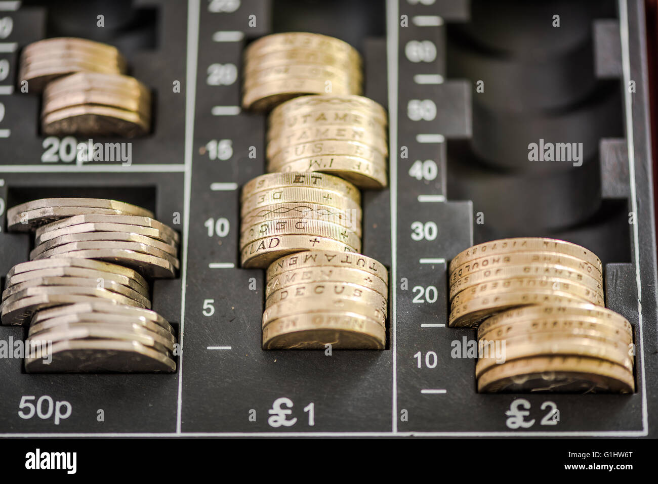 Pound sterling coins in cash register, from above view Stock Photo - Alamy
