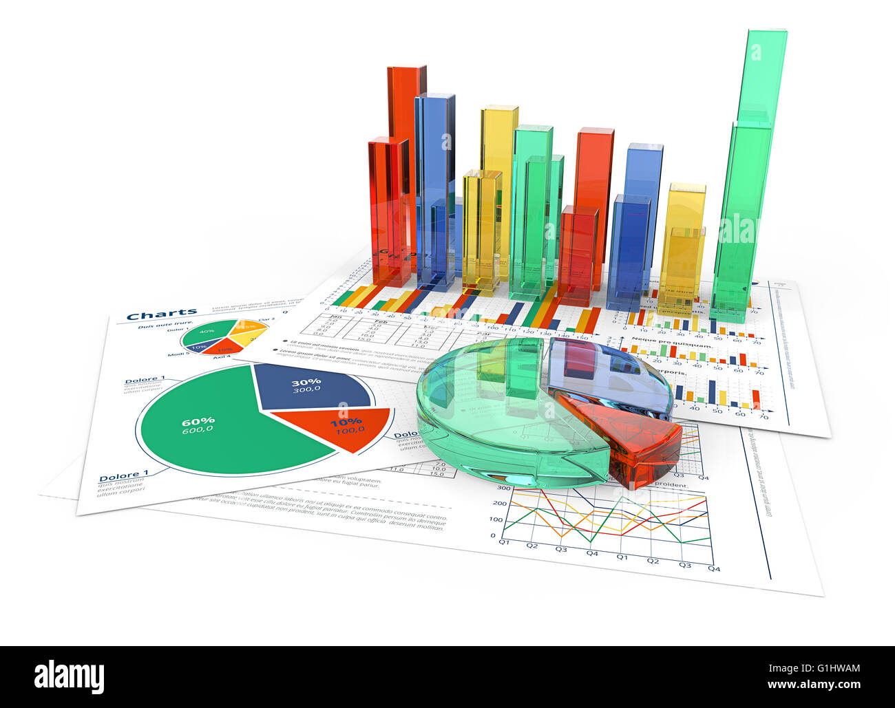 Financial documents with colorful 3D graphs and pie charts of glass ... Financial documents with colorful 3D graphs and pie charts of glass ...