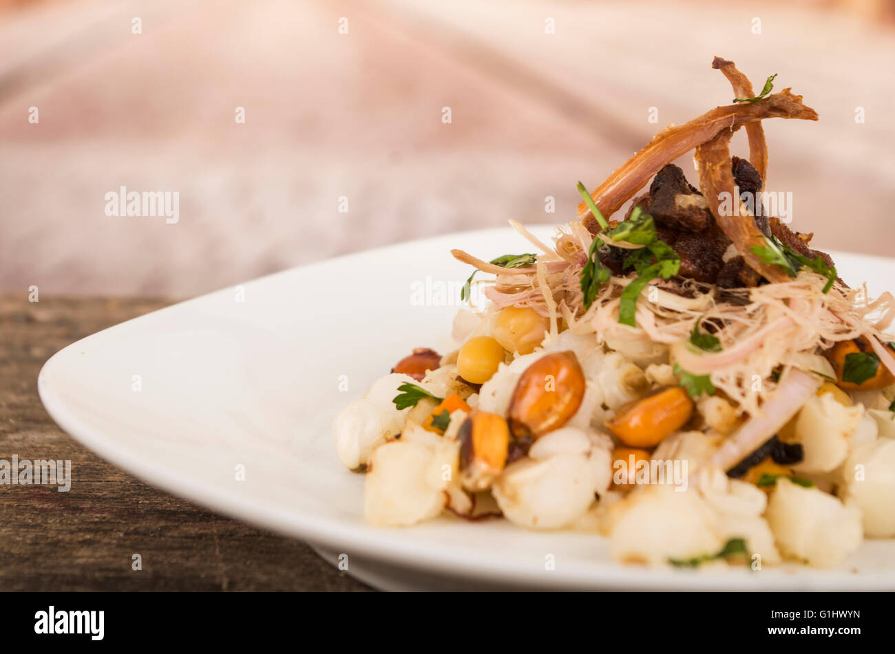 Traditional ecuadorian plate of pork hornado, elegant presentation on ...