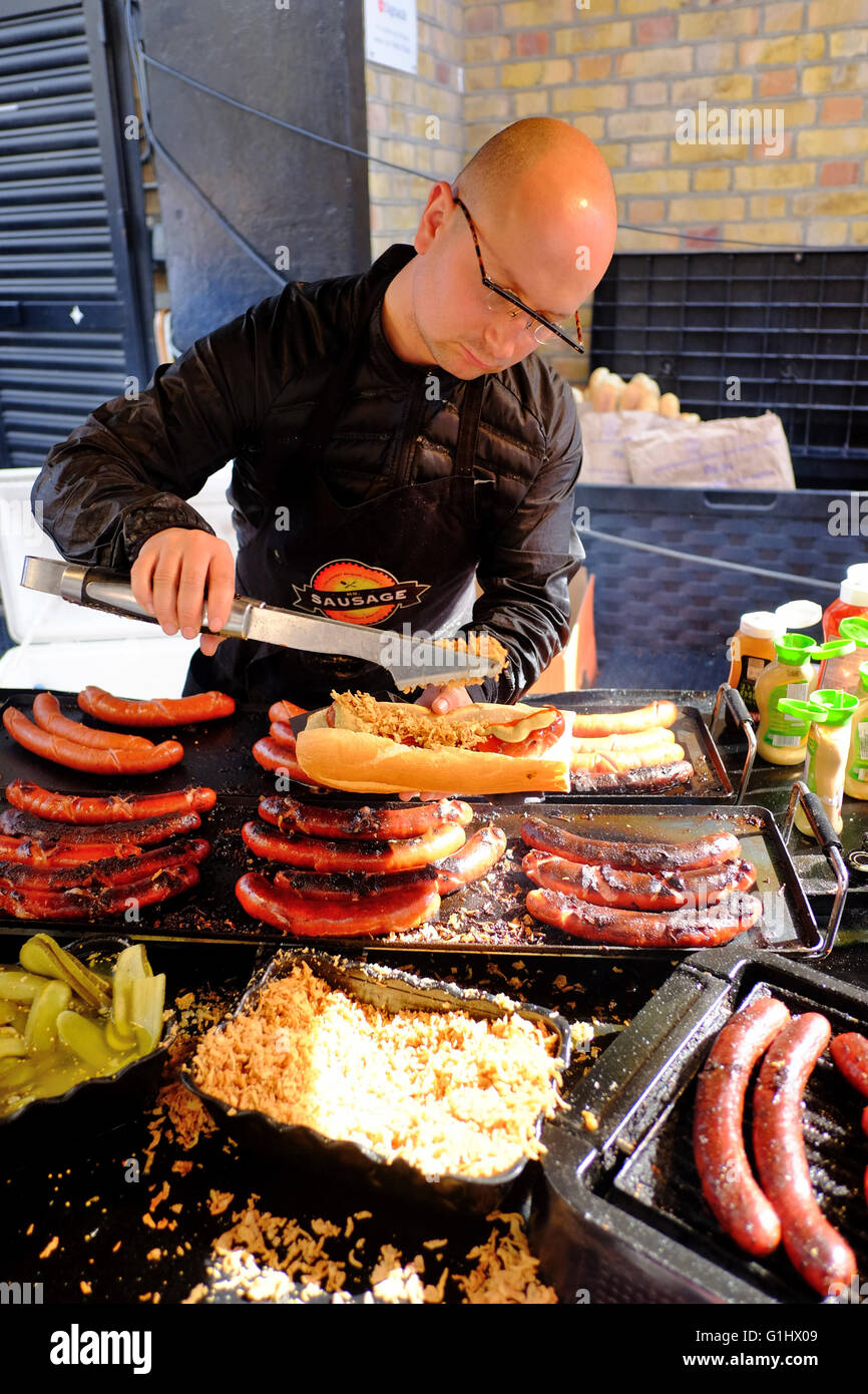 Mr Sausage hotdog seller at Brick Lane market in Shoreditch, London ...