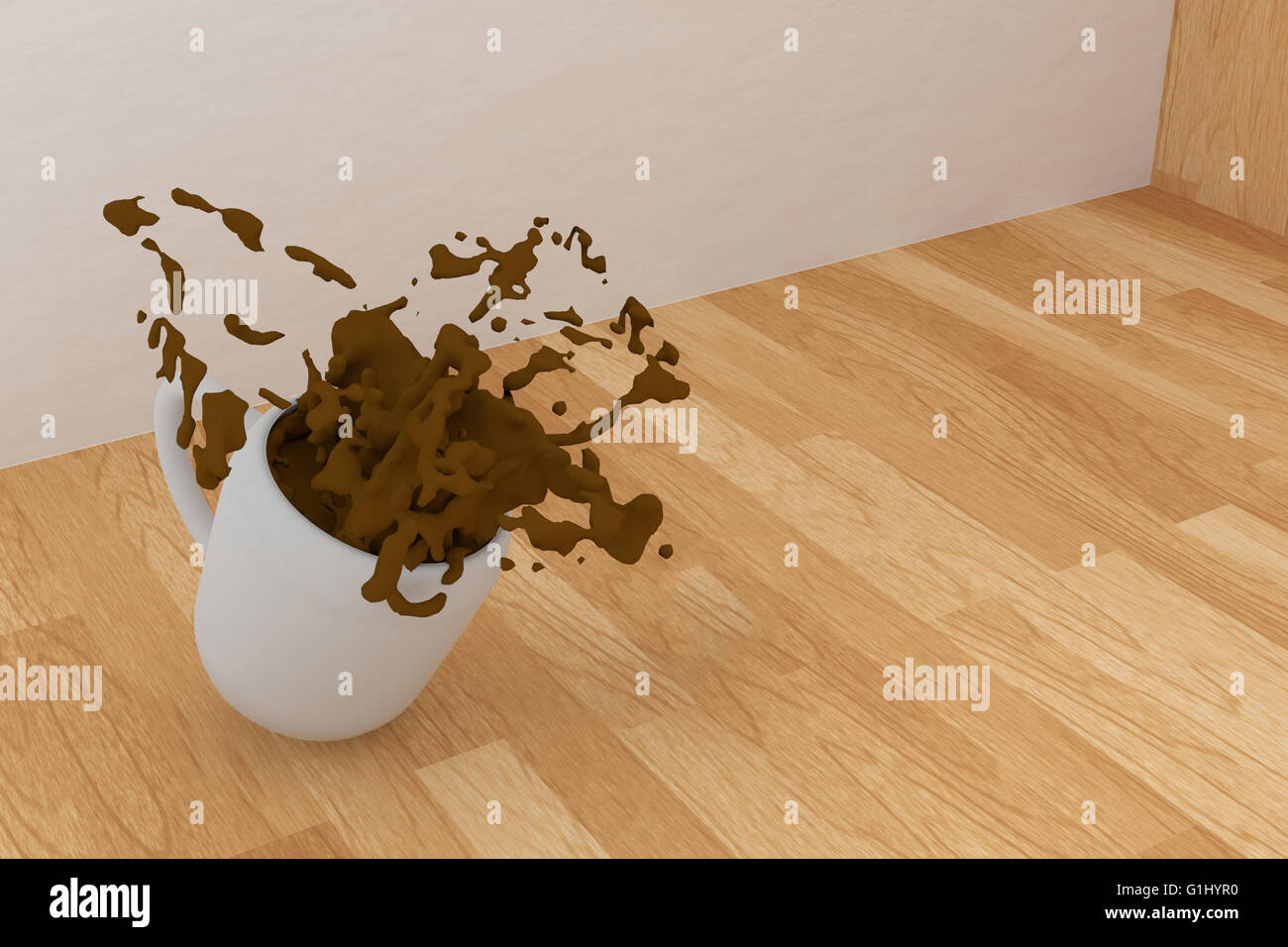 3D rendering of A cup of coffee spills on a wooden table Stock Photo ...