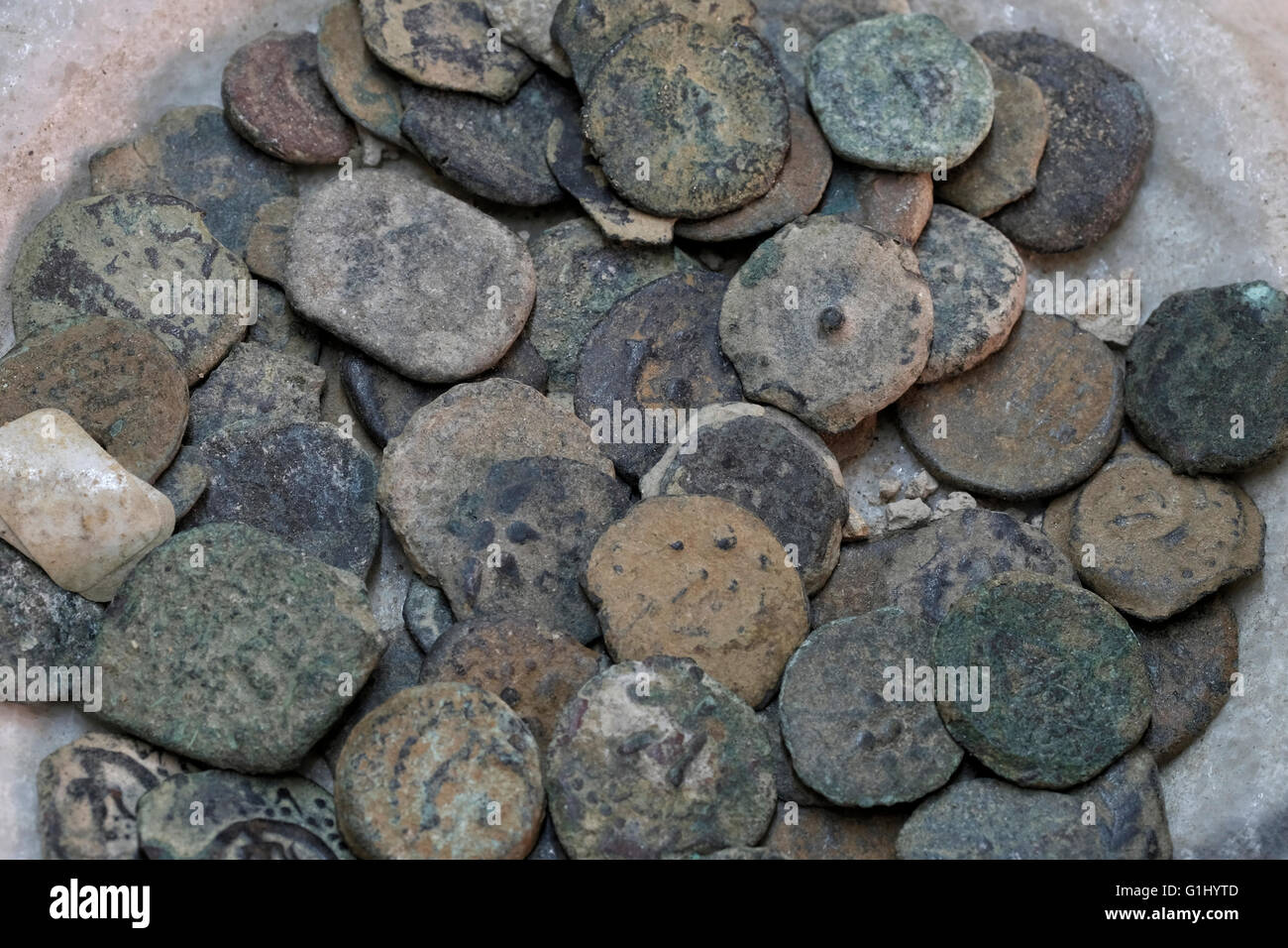 Stack of ancient coins at Baidun antiquity shop located on Via Dolorosa ...