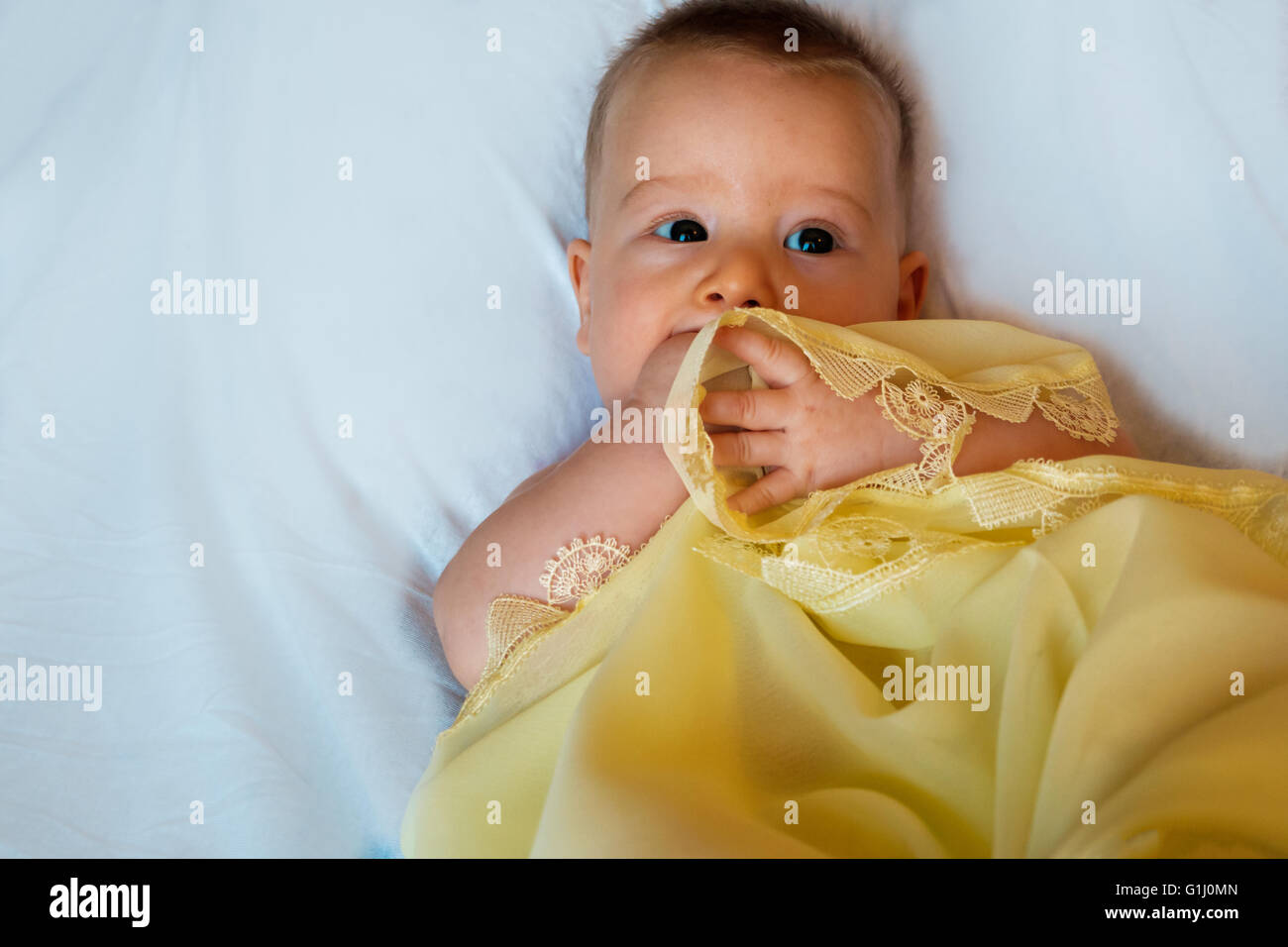 Baby in yellow blanket on a white background Stock Photo - Alamy