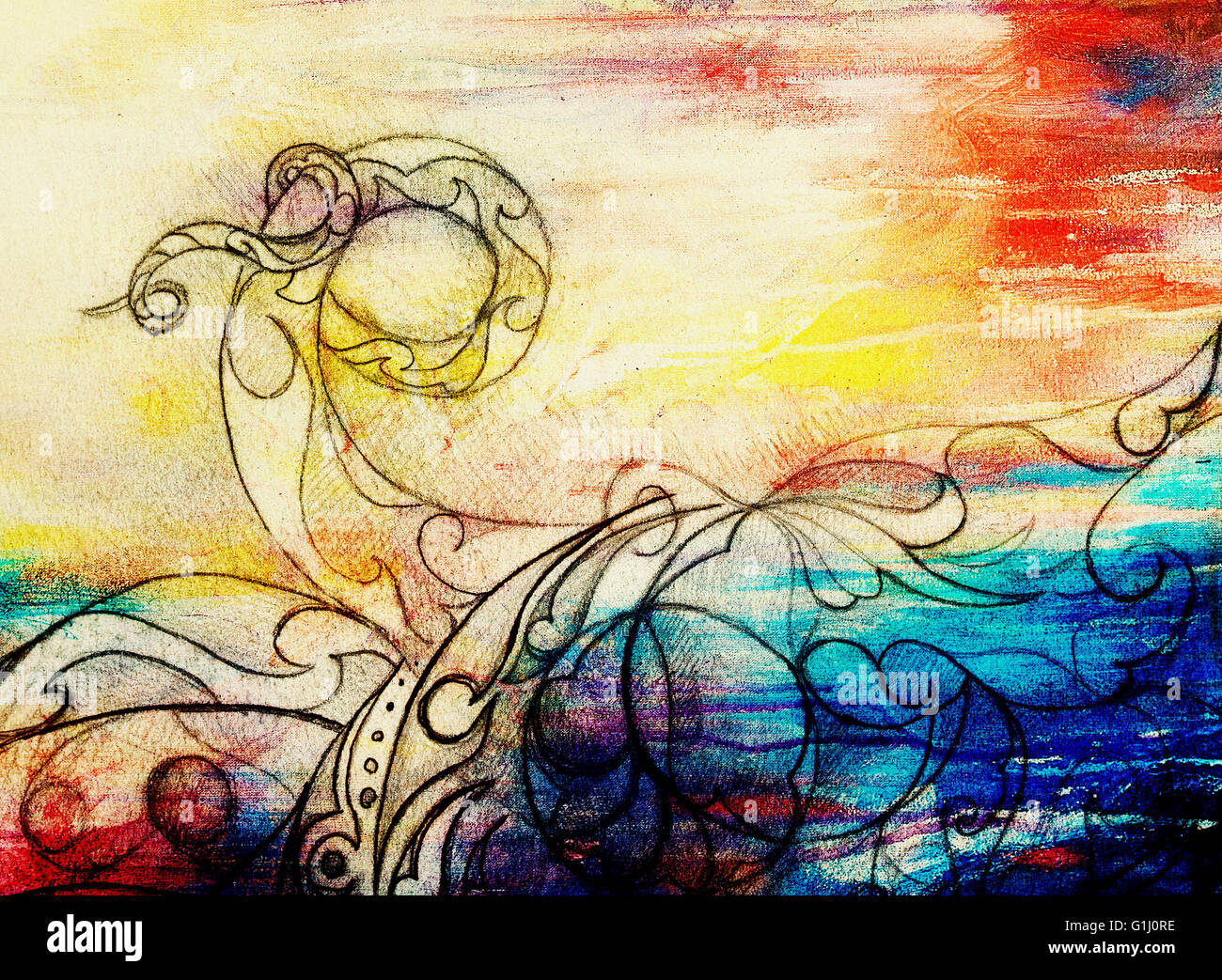 Ornamental Drawing. Original hand draw and computer collage. Color ...