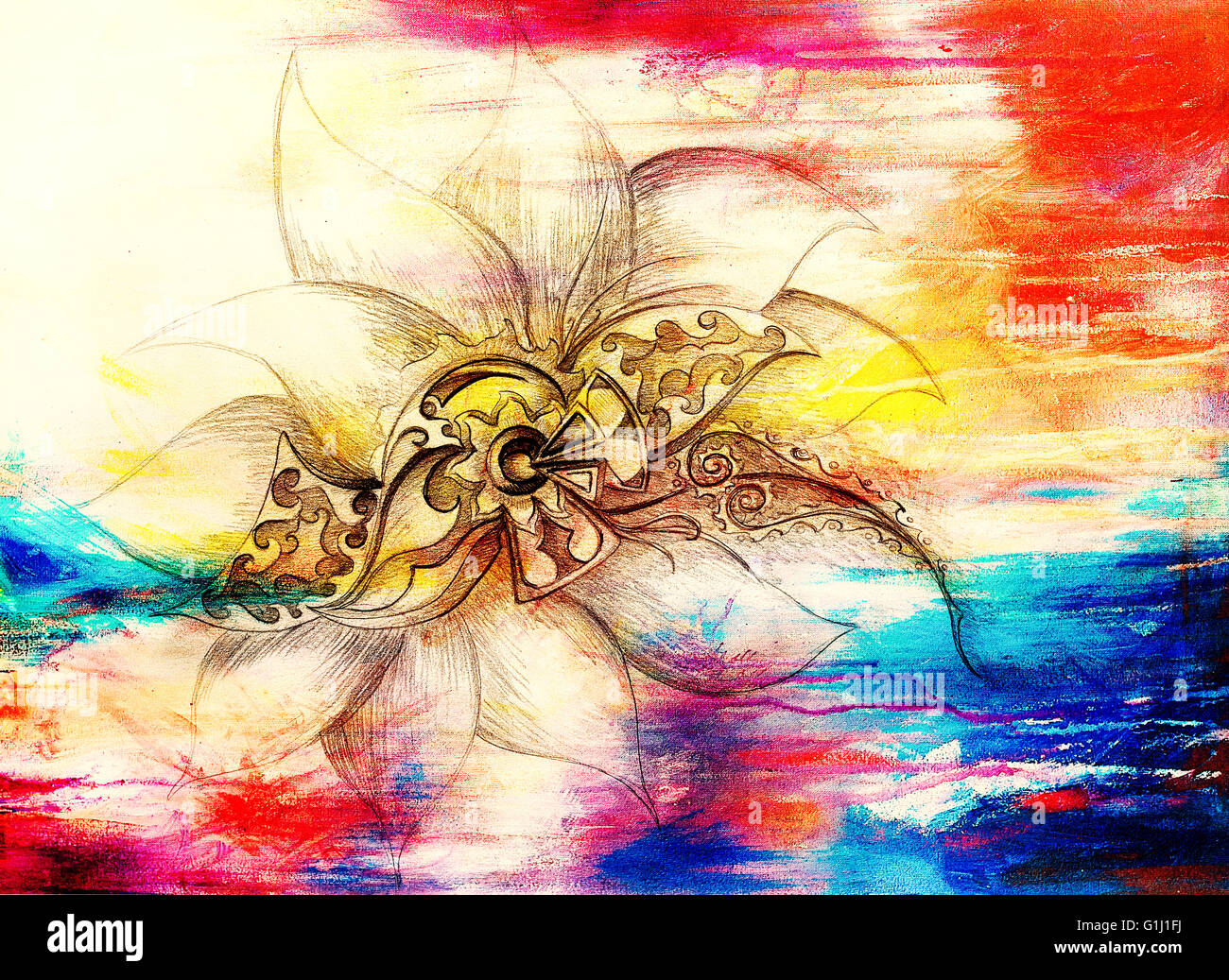 Color drawing of ornamental flower structure. Original hand drawn and ...