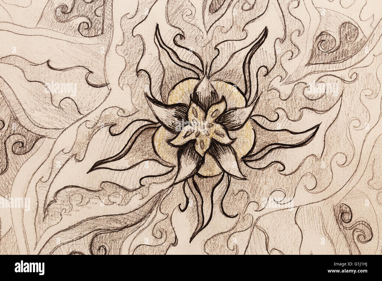 Color drawing of ornamental flower structure. Original hand drawn on ...